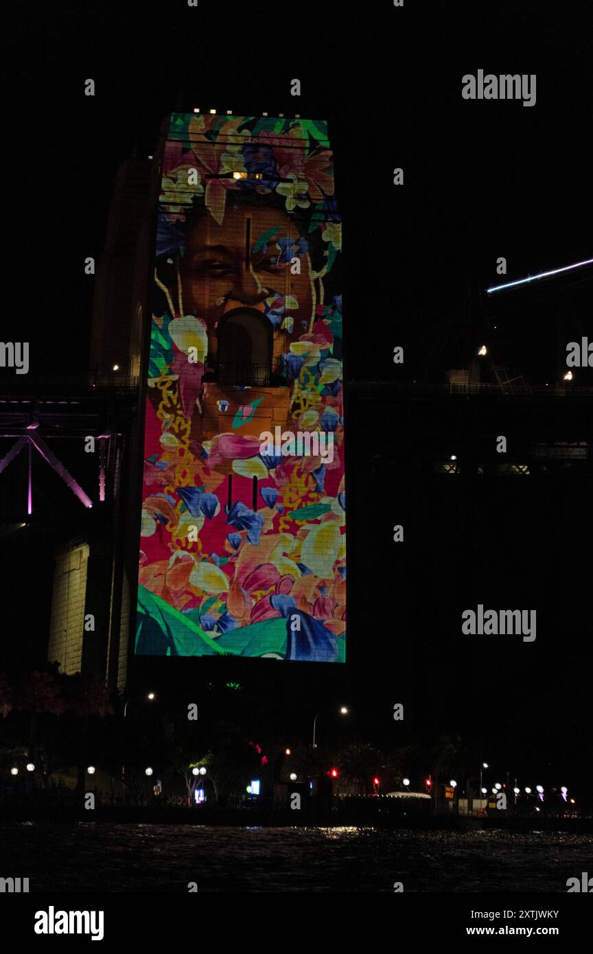 Sydney’s landmark of the Harbour Bridge pillars draped with Aboriginal ...