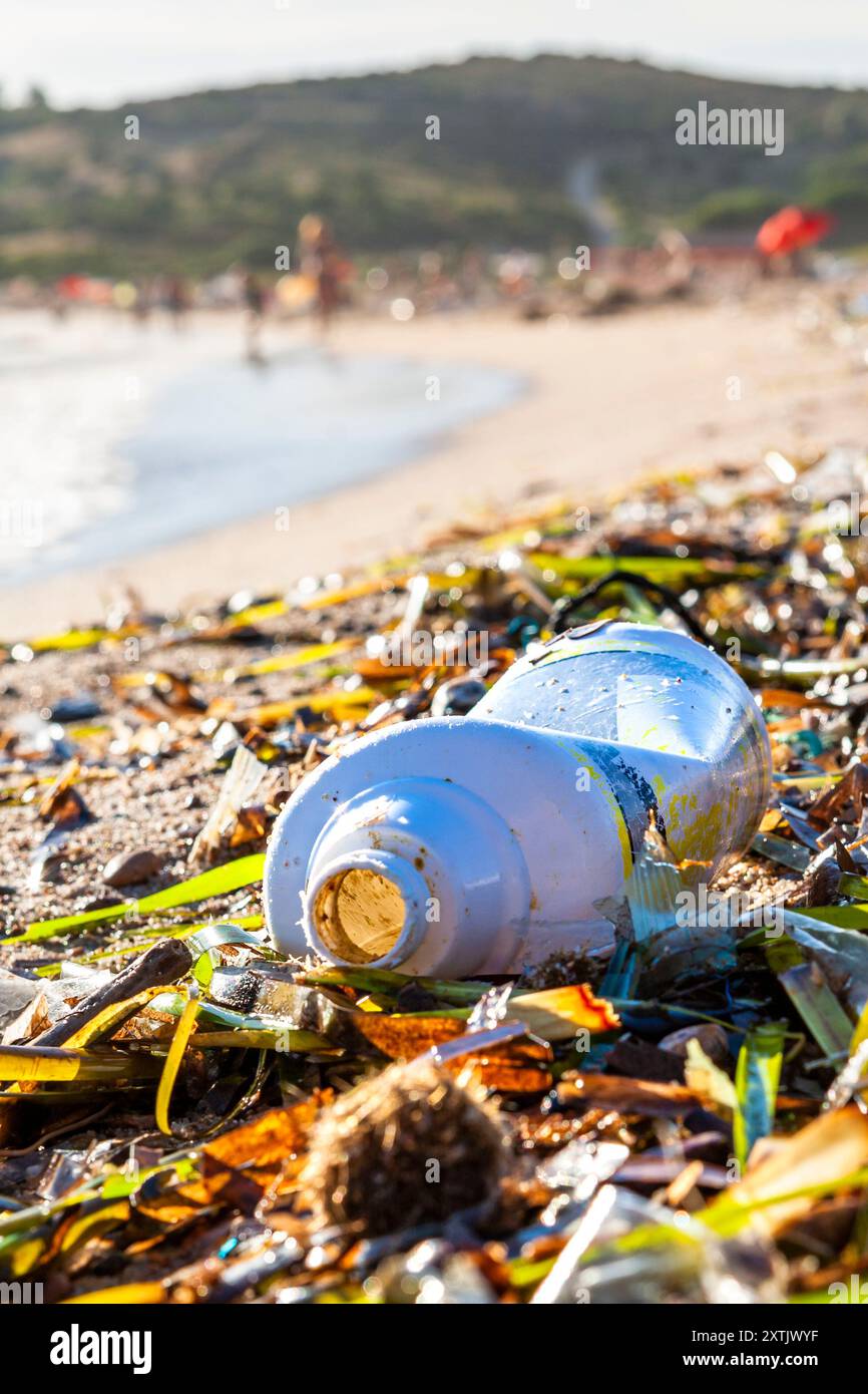 Close up plastic pollution on a mediterranean sea. Beach polluted with ...