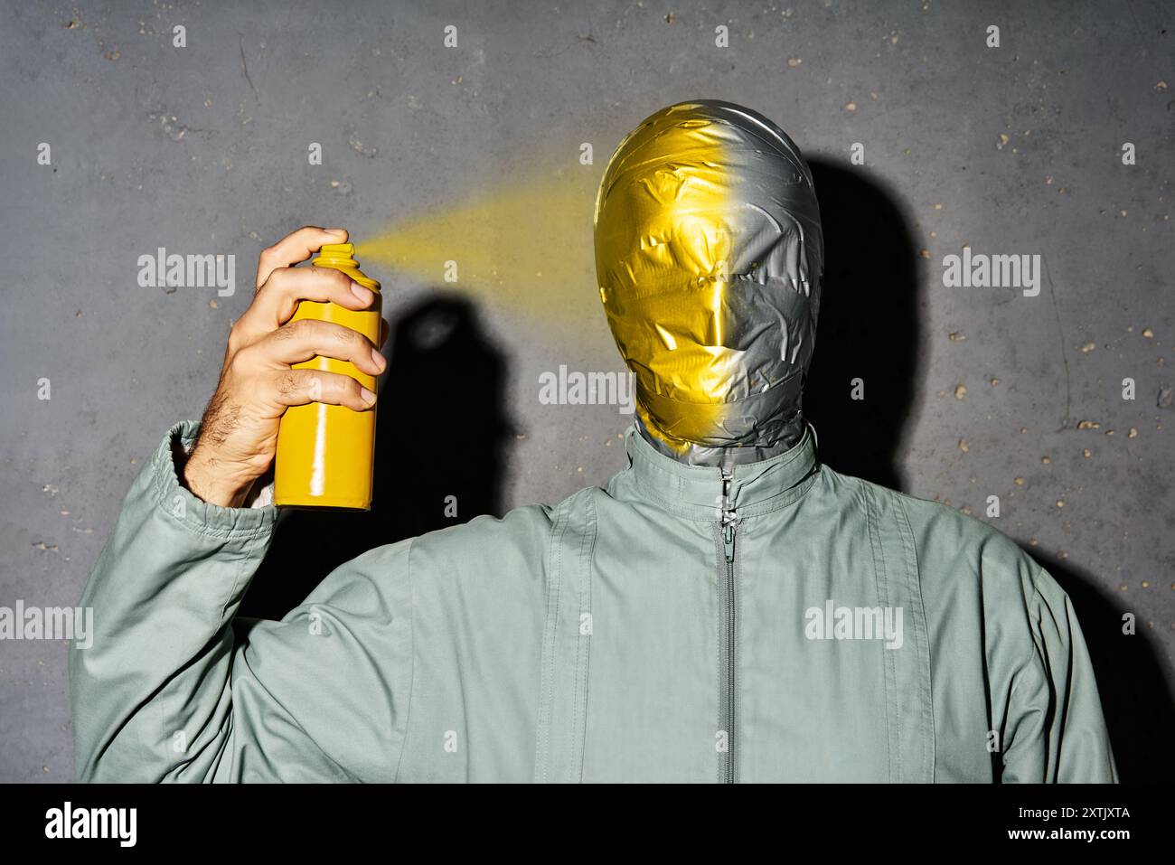 Mystery crazy man with duct tape face paints his face with spray paint ...