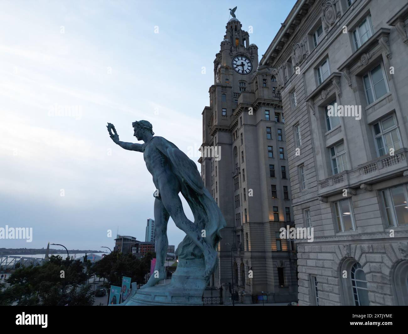 Elevated side on view of the statue “Pro Patria” in front of the Cunard ...
