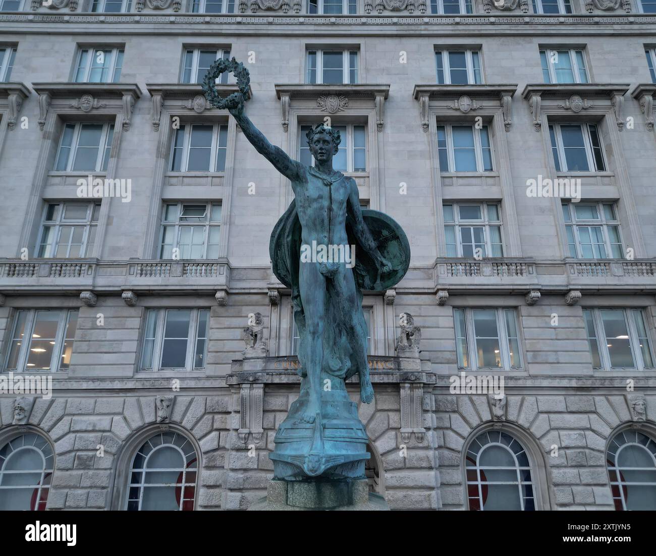 Elevated face on view of the statue “Pro Patria” in front of the Cunard ...