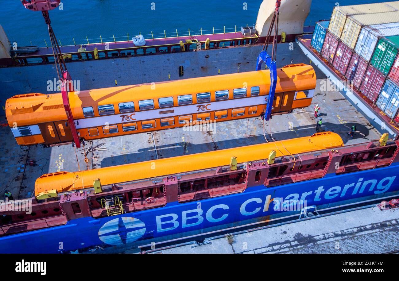 Mukran, Germany. 15th Aug, 2024. Modernized double-decker wagons are ...