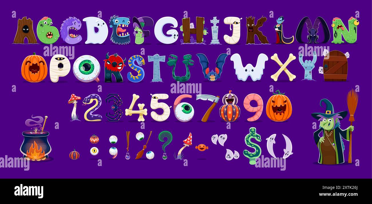 Cartoon Halloween characters font, scary typeface, funny holiday type ...