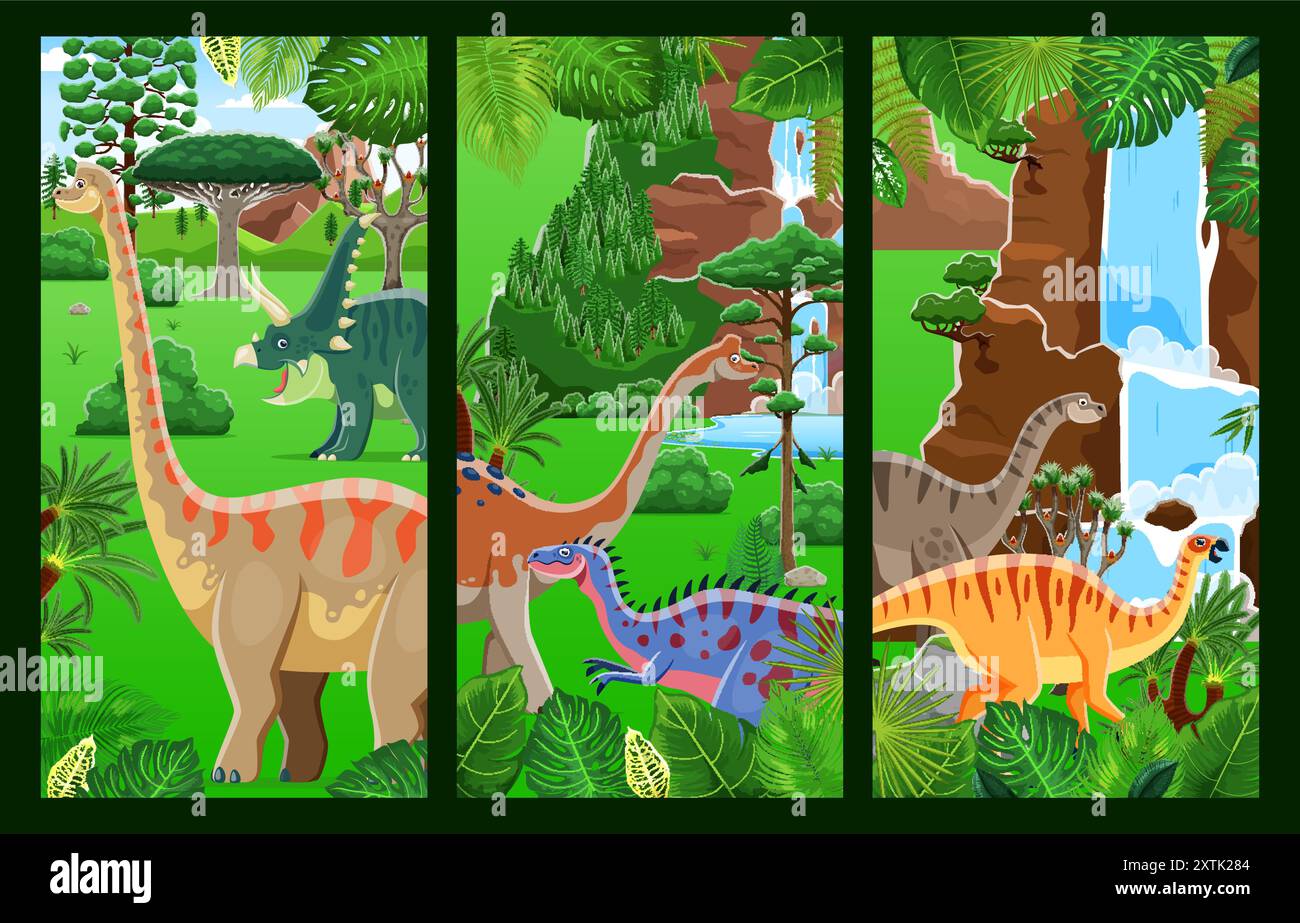 Prehistoric forest landscape, cartoon dinosaurs. Vector vibrant ...