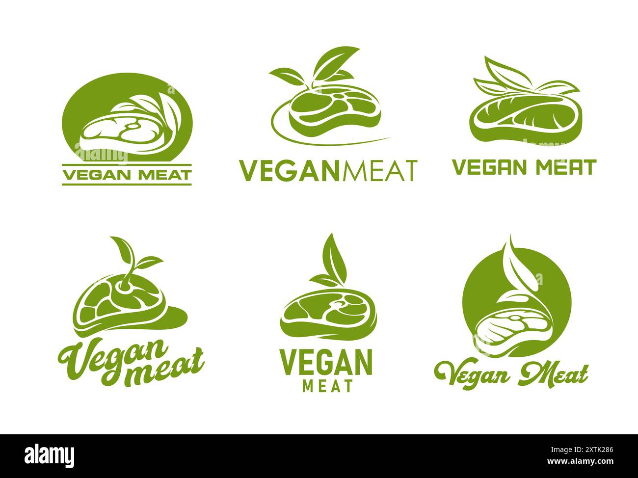 Vegan meat steak icons, vegetable plant protein beef with fresh green ...