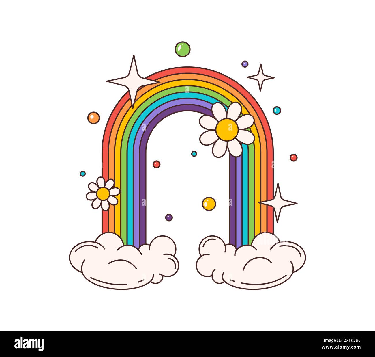 Groovy retro cartoon hippie rainbow with daisy flowers in clouds, vector funky sticker. 70s ...
