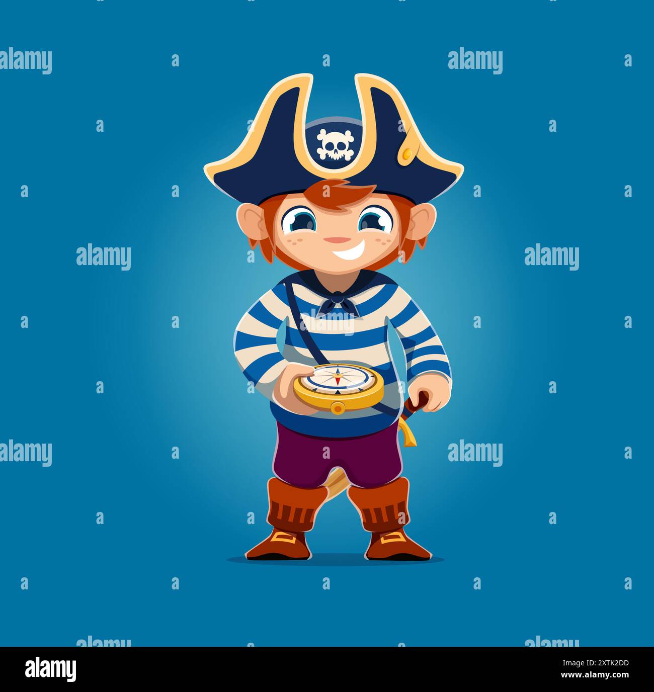 Cartoon kid boy pirate sailor with compass in captain tricorne hat, vector character. Funny boy ...
