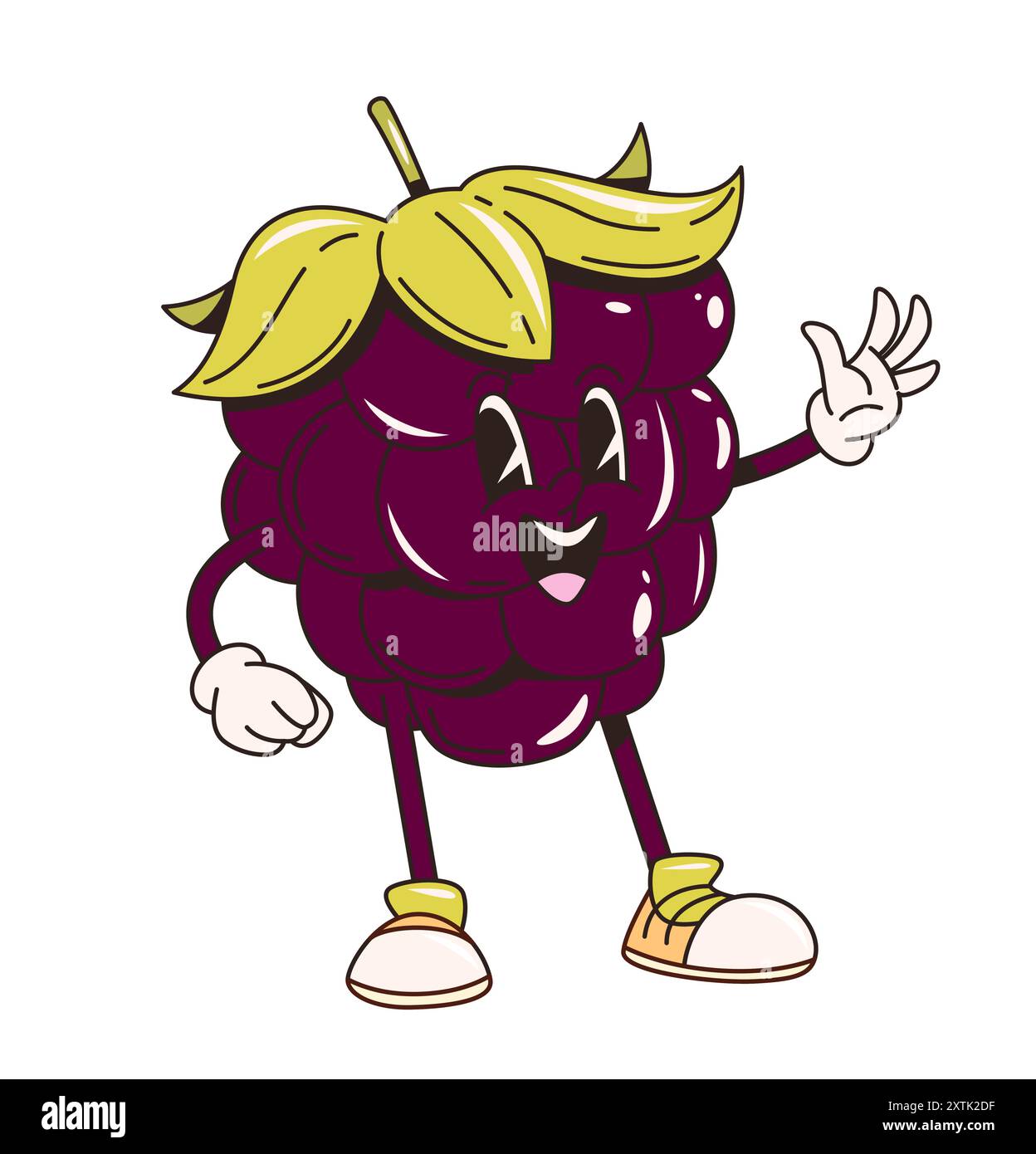 Retro groovy blackberry character waving hand. Isolated cartoon vector ...