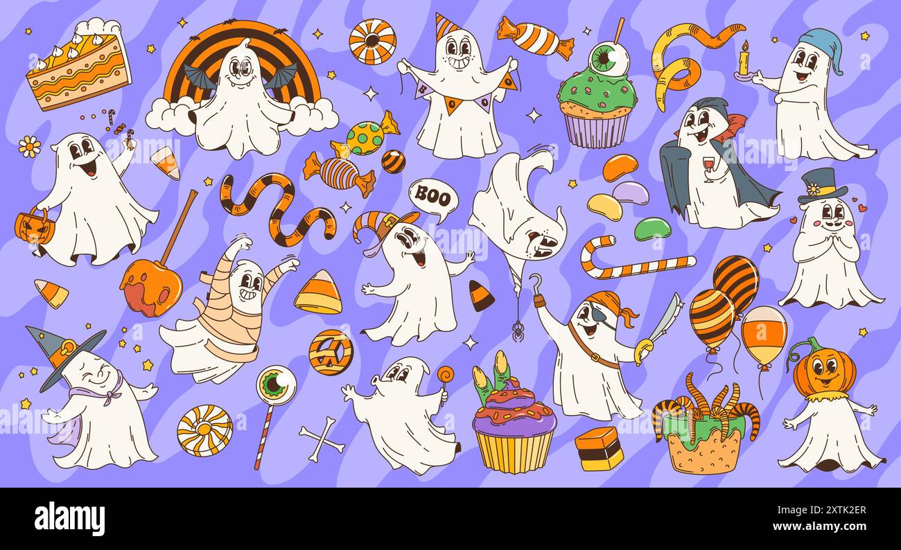 Cartoon retro 70s 80s groovy Halloween ghost characters and holiday ...