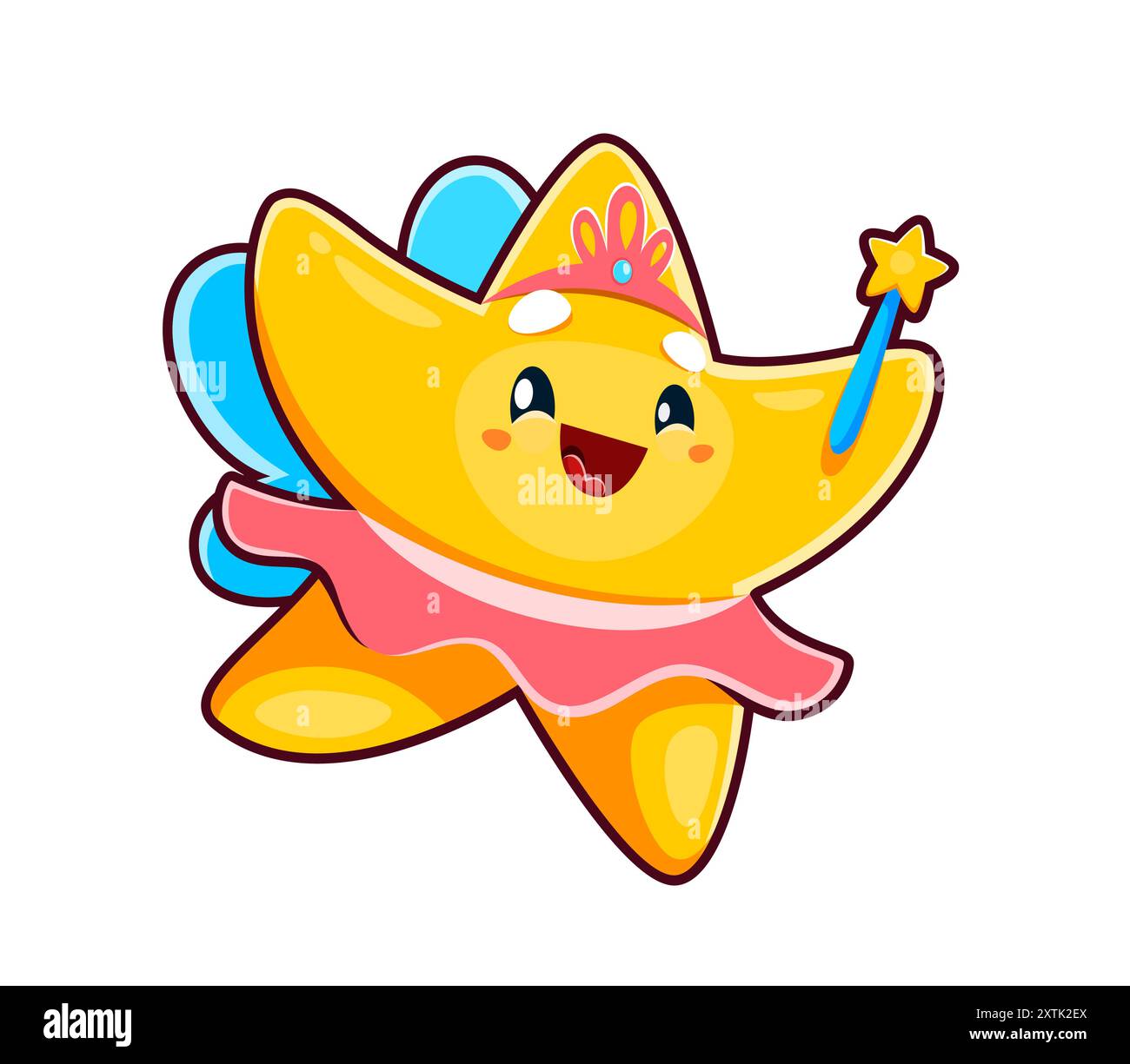 Cute kawaii fairy star character casting spell with magic wand. Isolated cartoon vector cheerful ...