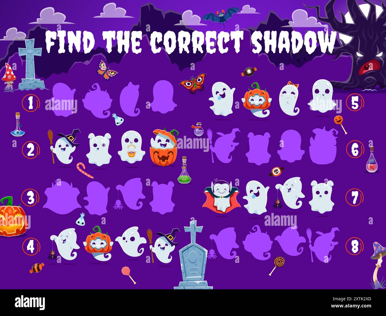 Halloween kids game, find the correct shadow of funny kawaii ghost ...