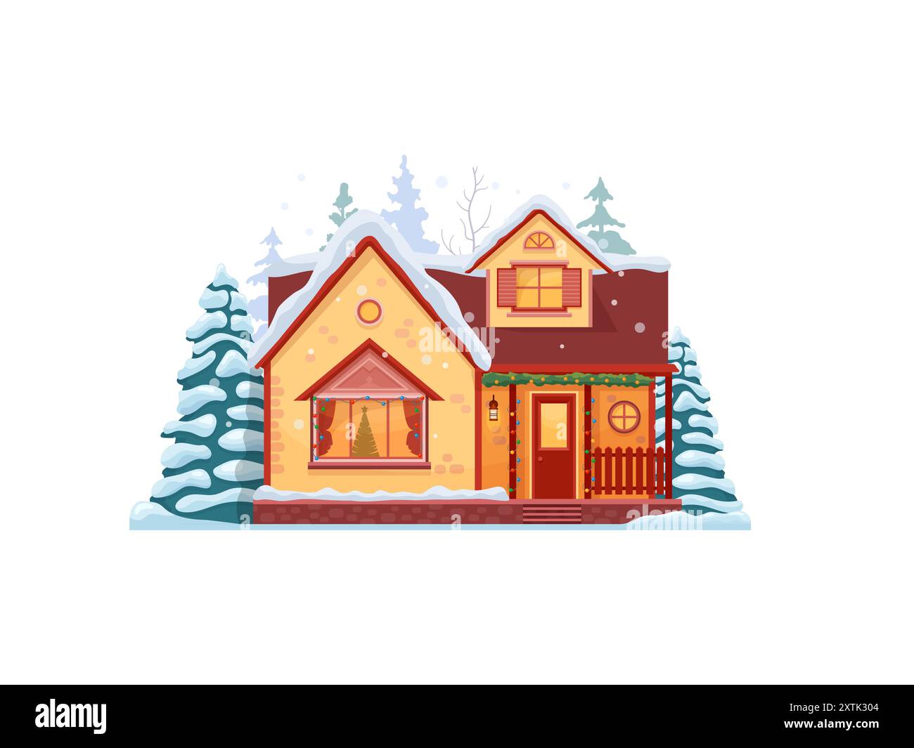 Cartoon Christmas winter house facade exterior. Snowy home building ...