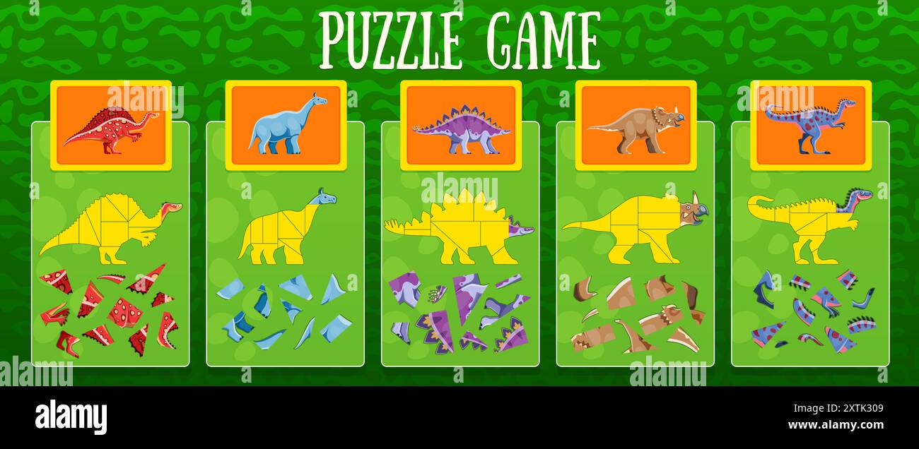 Kids puzzle game with pieces of dinosaurs. Vector cards with dino ...