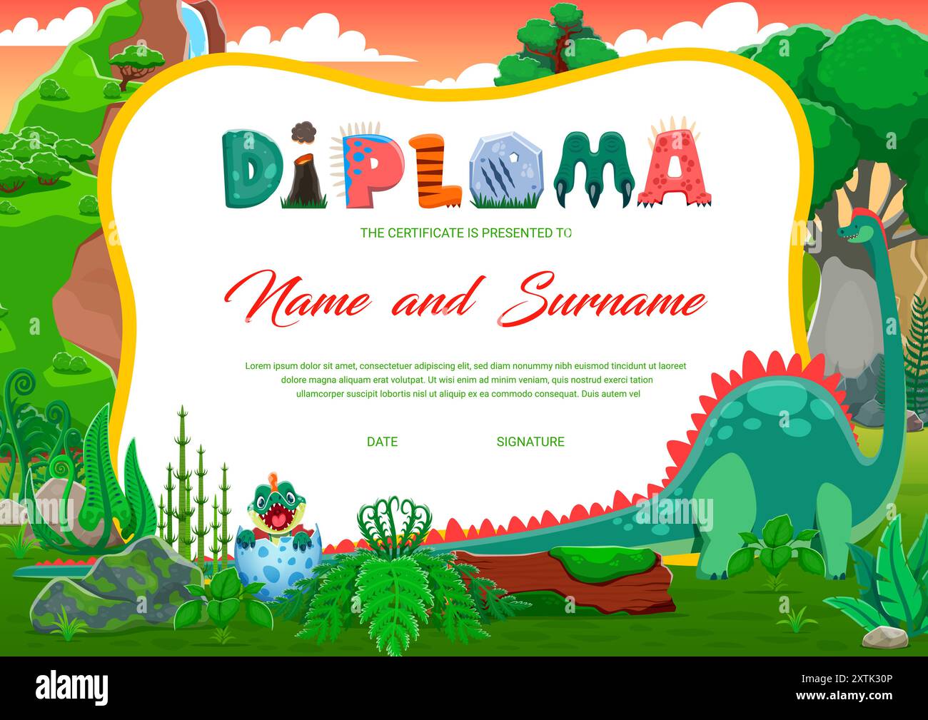Kids diploma with funny dino kid and his mother dinosaur. Colorful ...