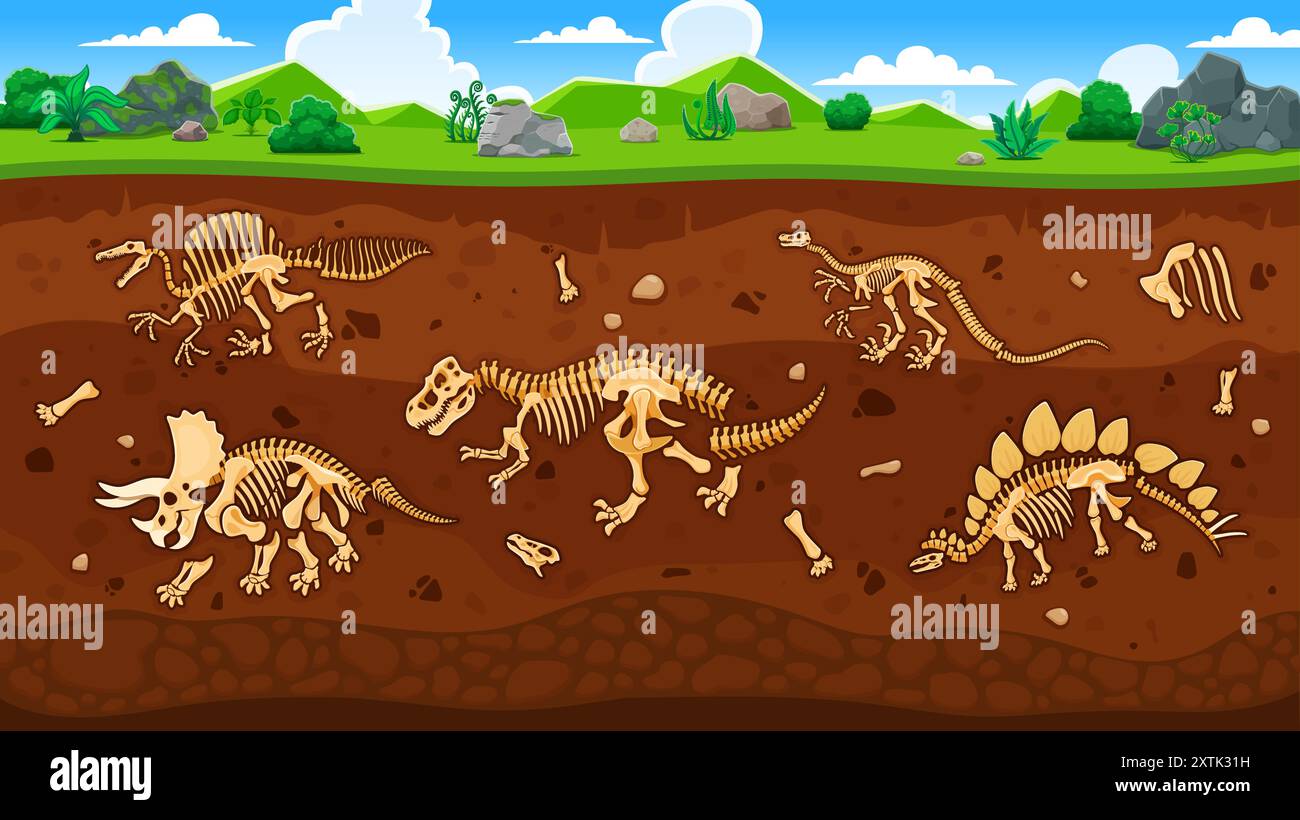 Dinosaur fossils in ground layers. Cartoon vector soil cross section ...