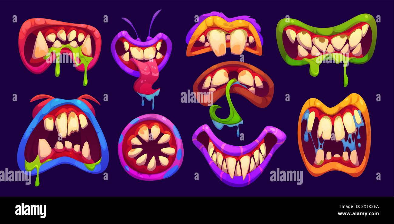 Halloween monster mouth with drool jaws and saliva tongue. Cartoon ...