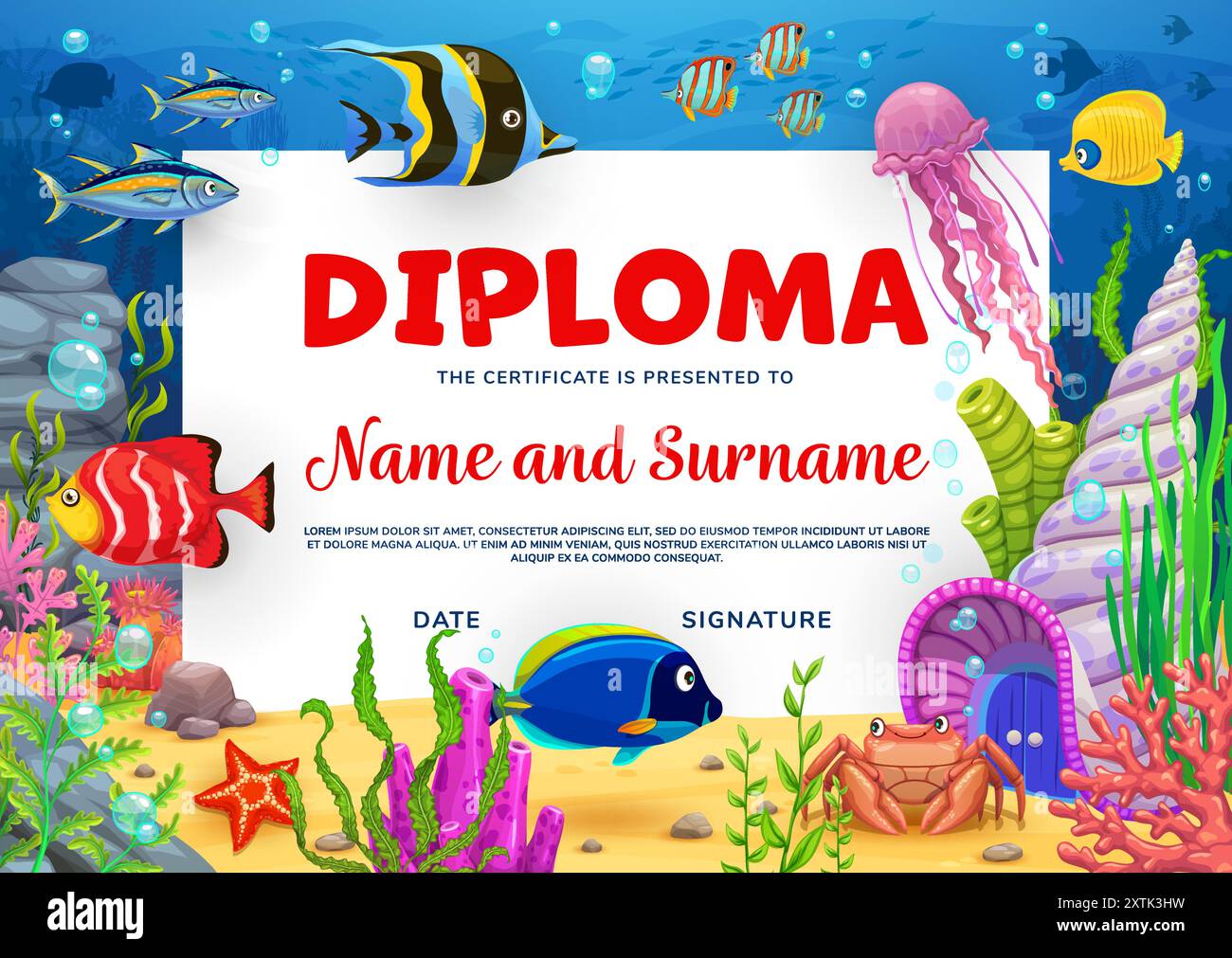 Kids diploma with underwater cartoon tropical fish and shell house ...