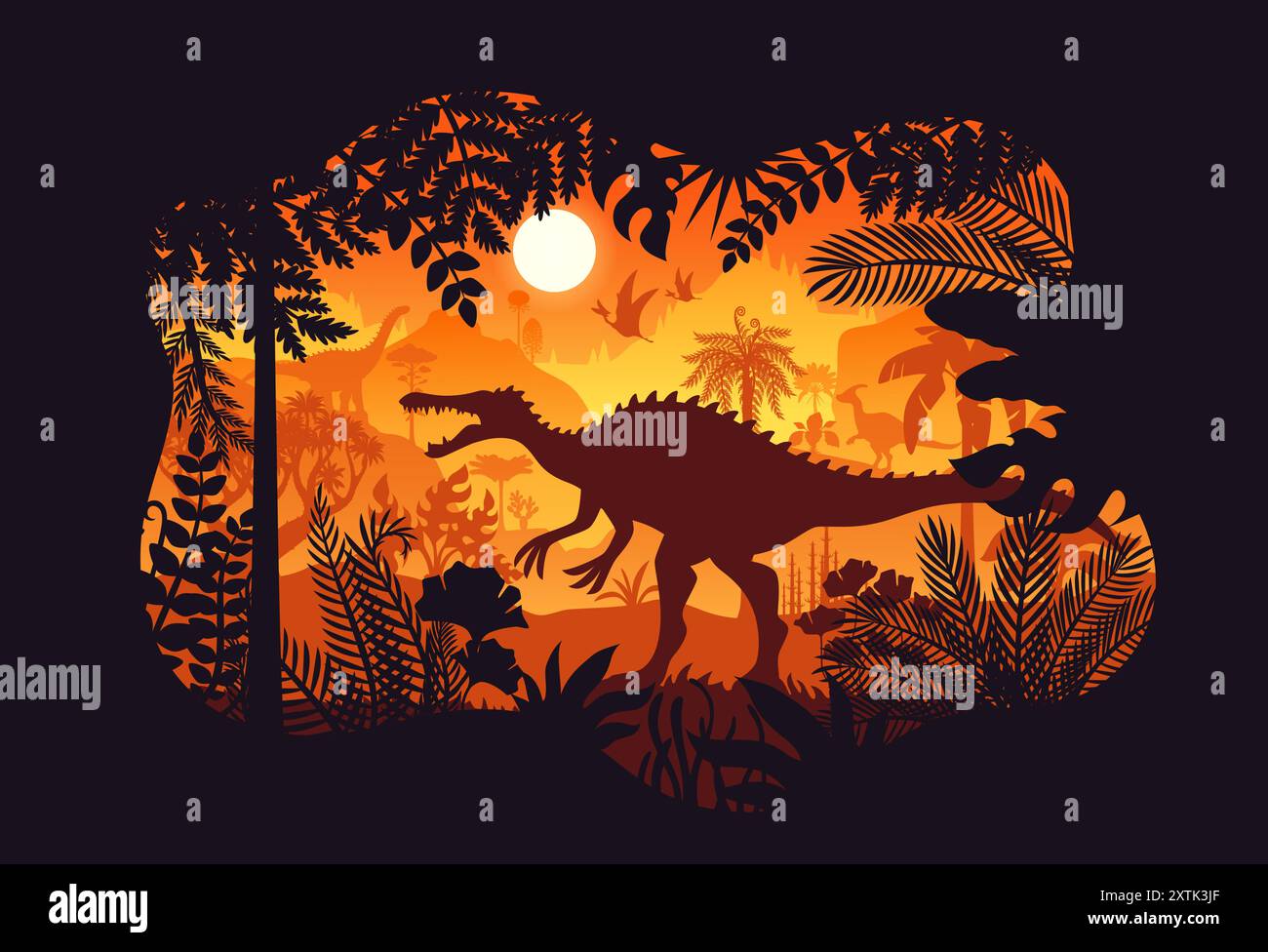 Prehistoric Spinosaurus dinosaur silhouette in jungle forest sunset, vector background ...