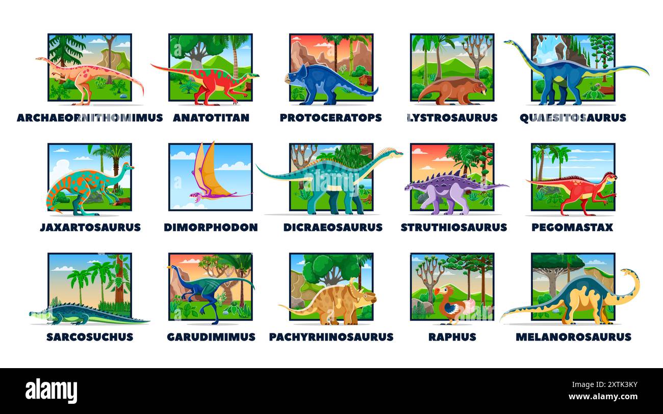 Cartoon prehistoric dinosaurs set showcasing dino species with names ...