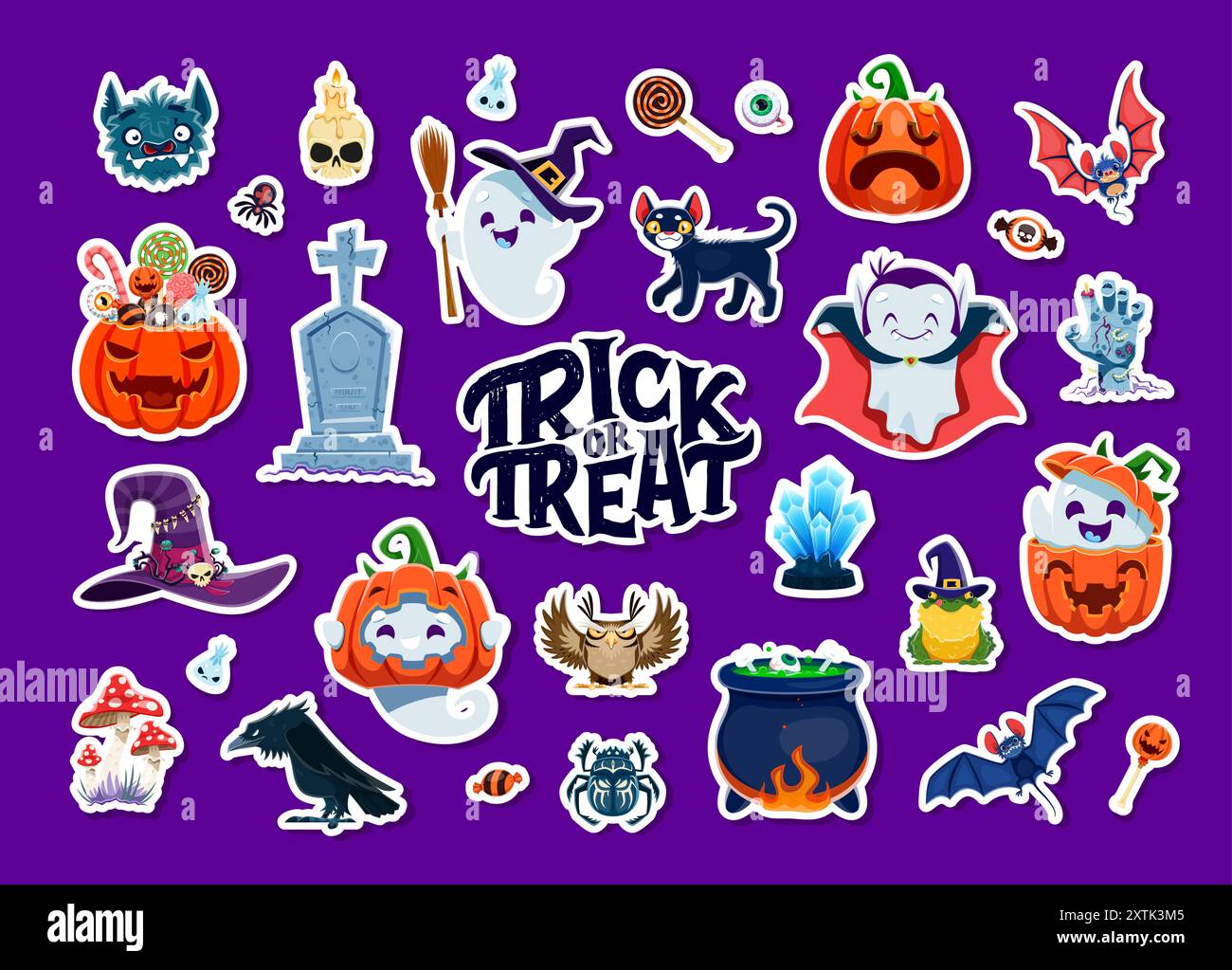 Halloween stickers. Funny cute animals, kawaii ghosts, witch items and ...