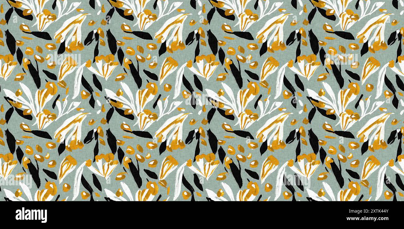 Modern printed fabric flower block print pattern with linen texture ...