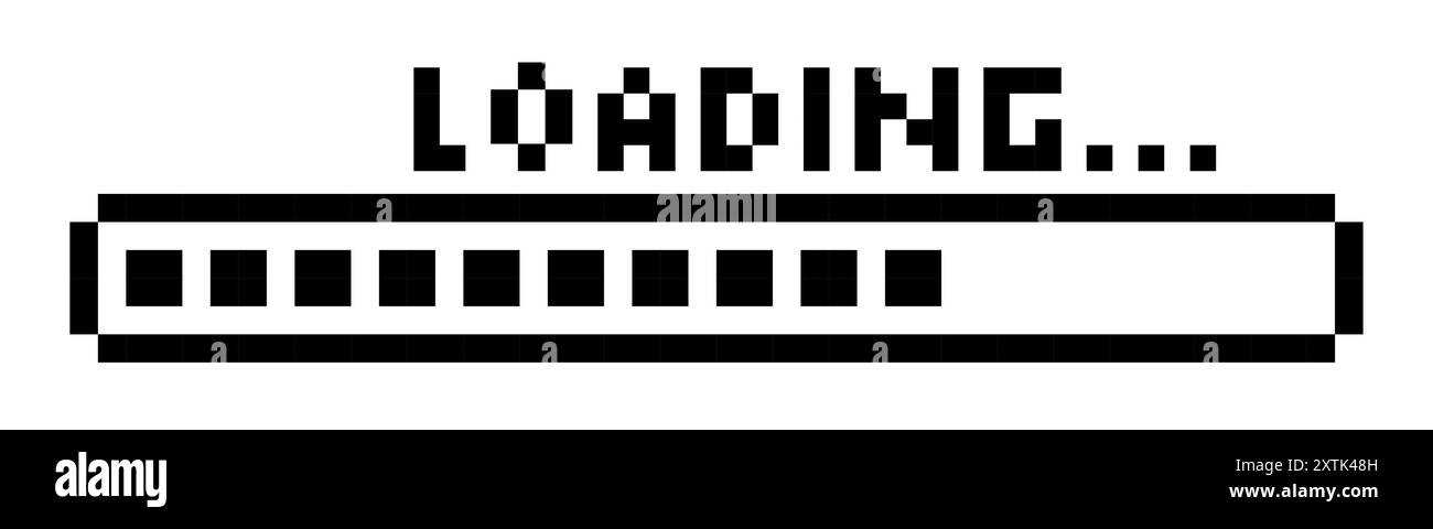 Pixel loading bar y2k retro 8 bit interface game, progress level, download status frame. Pixel ...