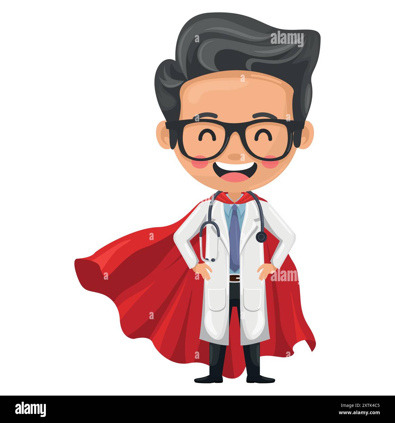 Cartoon happy doctor hero with a stethoscope wearing his superhero cape ...