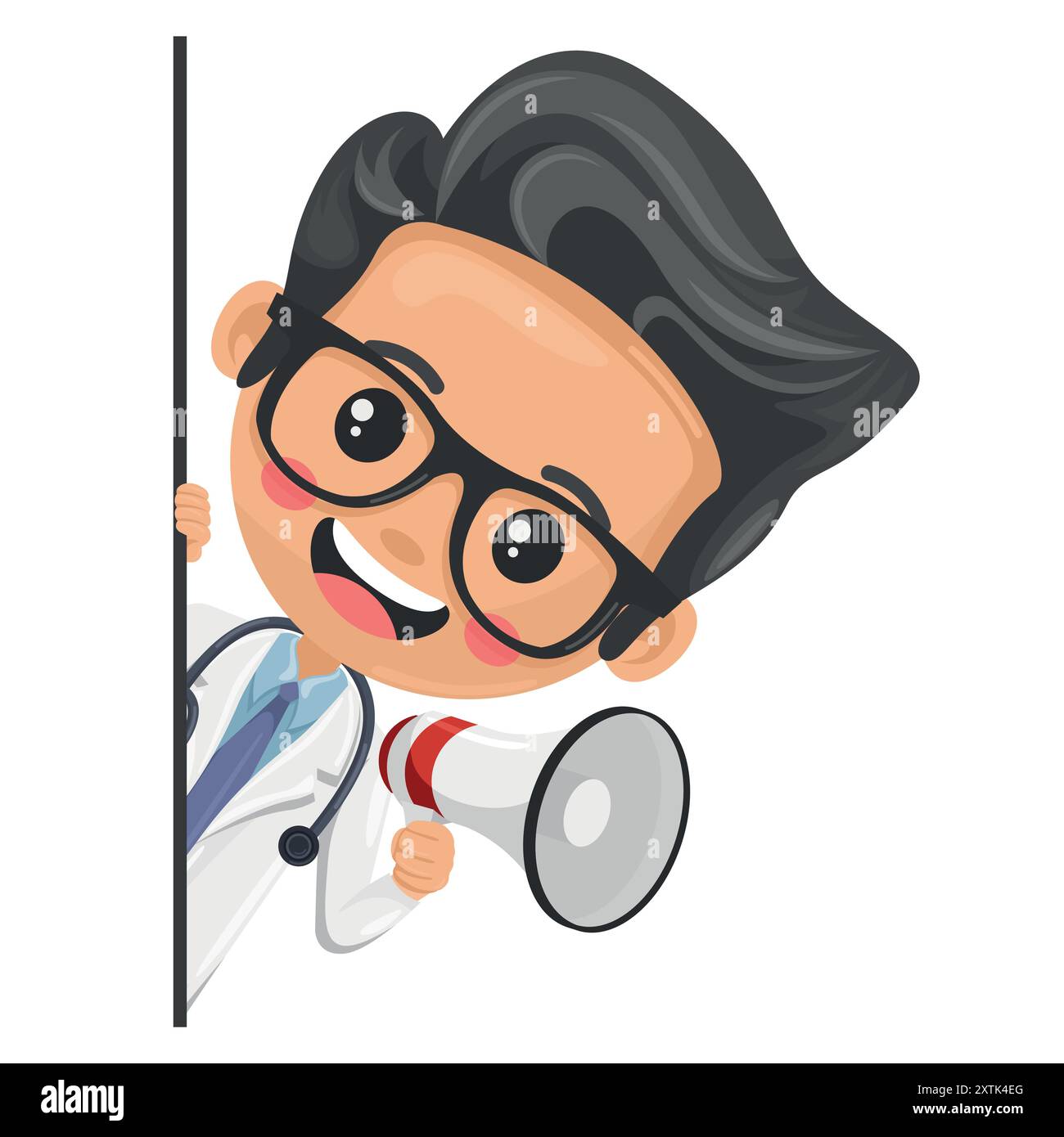 Doctor cartoon peeking out from behind a wall making an announcement ...