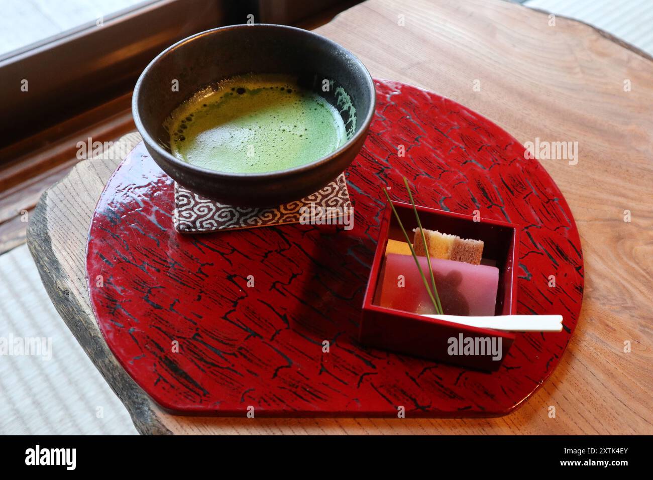 Matcha tea and wagashi (Japanese dessert) in Hiroshima, Japan Stock ...