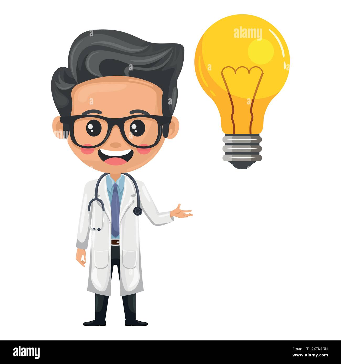 Cartoon doctor with a stethoscope with a giant light bulb. Health and ...