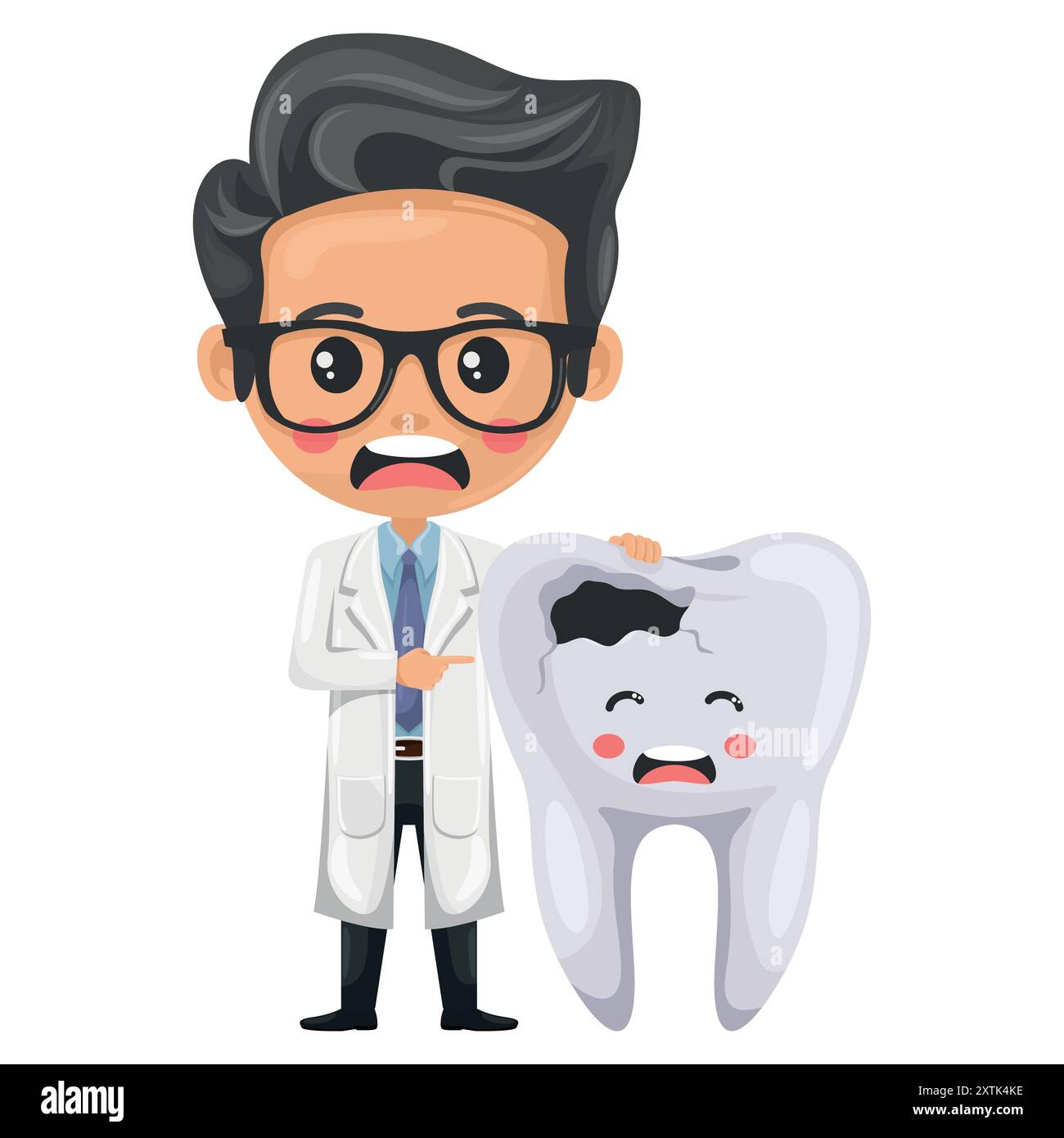 Dentist Doctor Cartoon With Sad Rotten Tooth Prevention Diagnosis