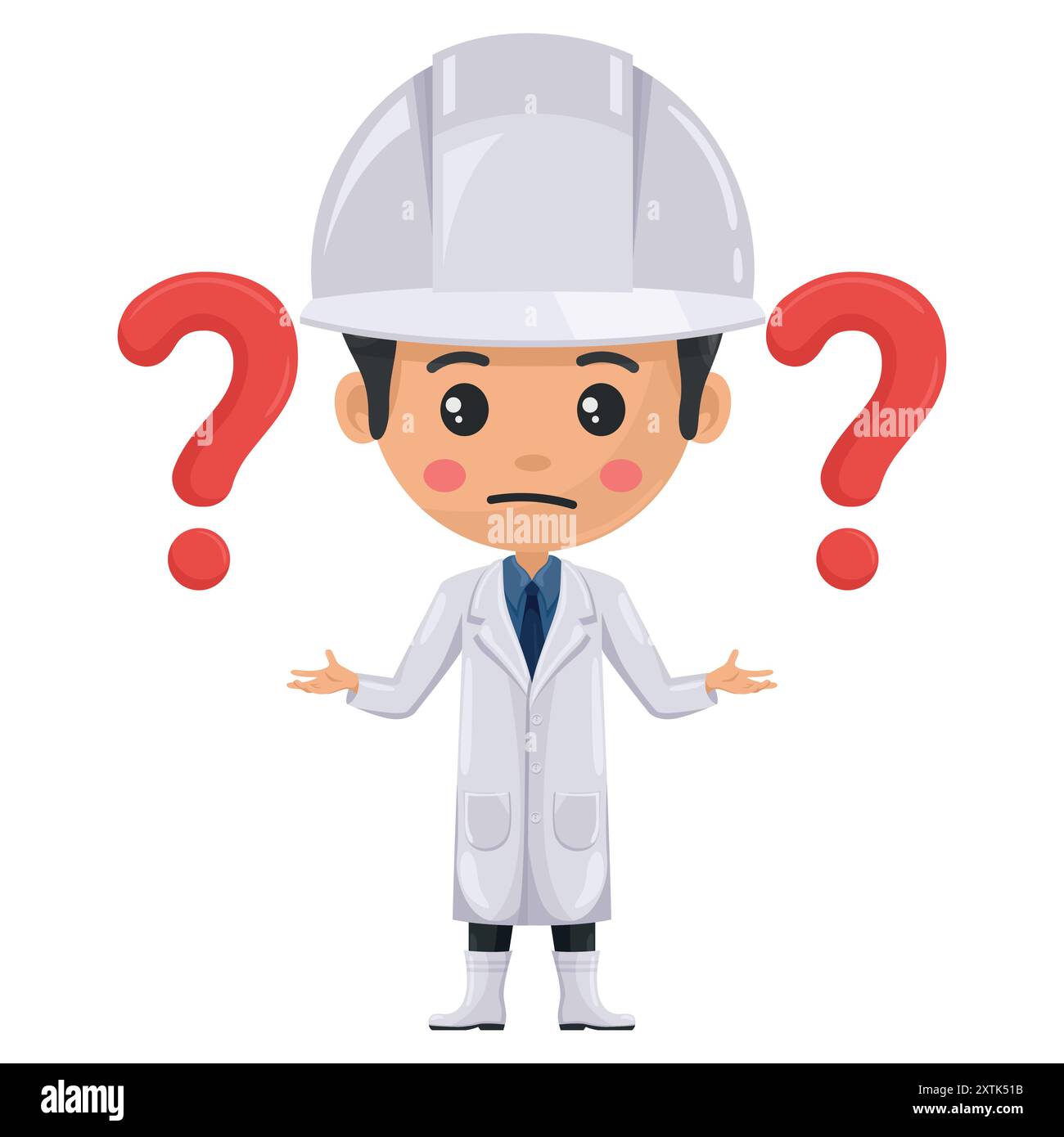 Quality control supervisor in food production line with giant question ...