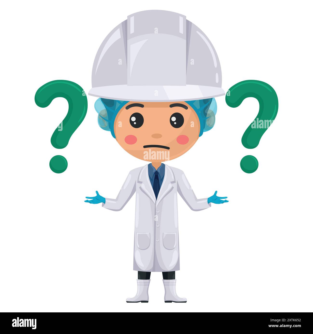 Quality control supervisor in food production line with giant question ...
