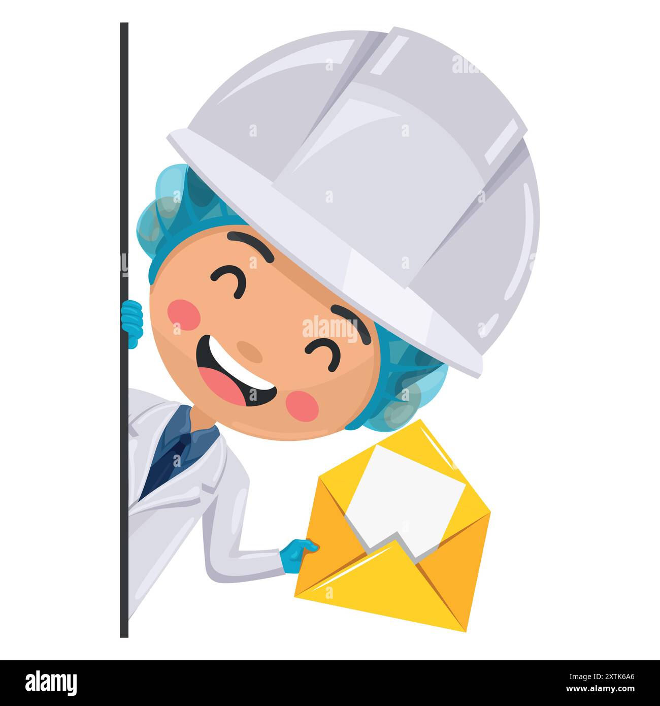 Quality control supervisor out from behind a wall with letter envelope ...