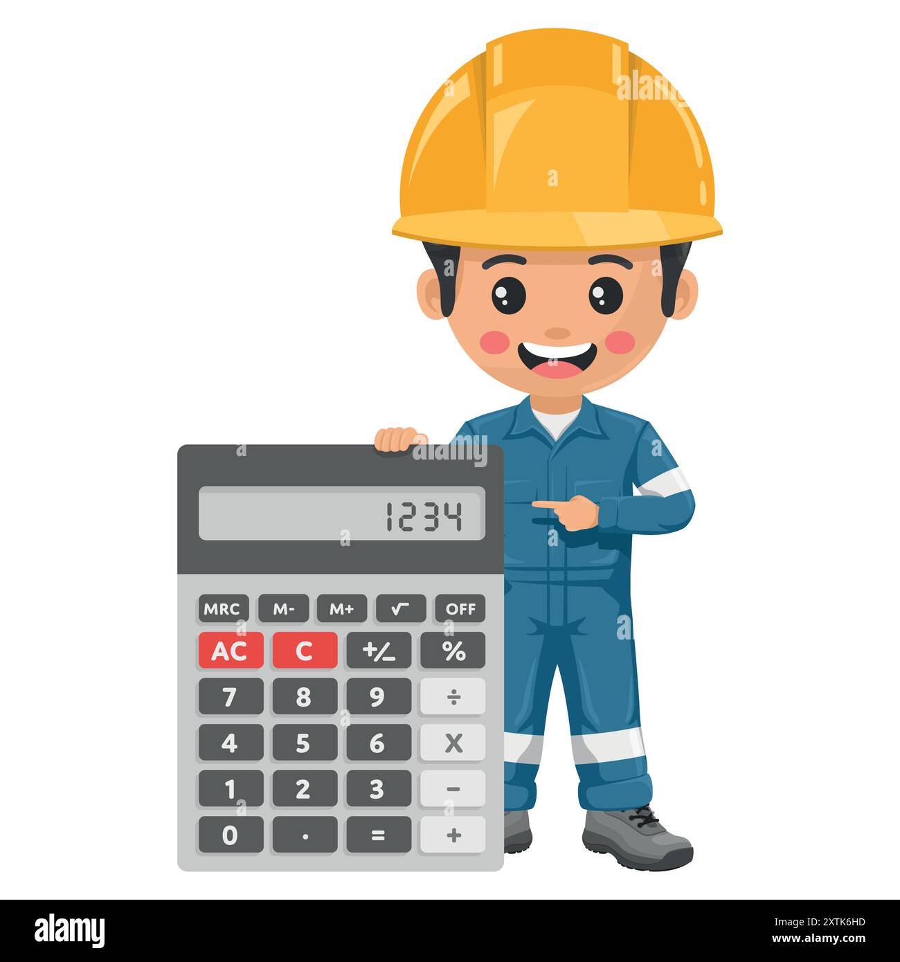 Industrial mechanic worker with giant calculator for financial analysis ...