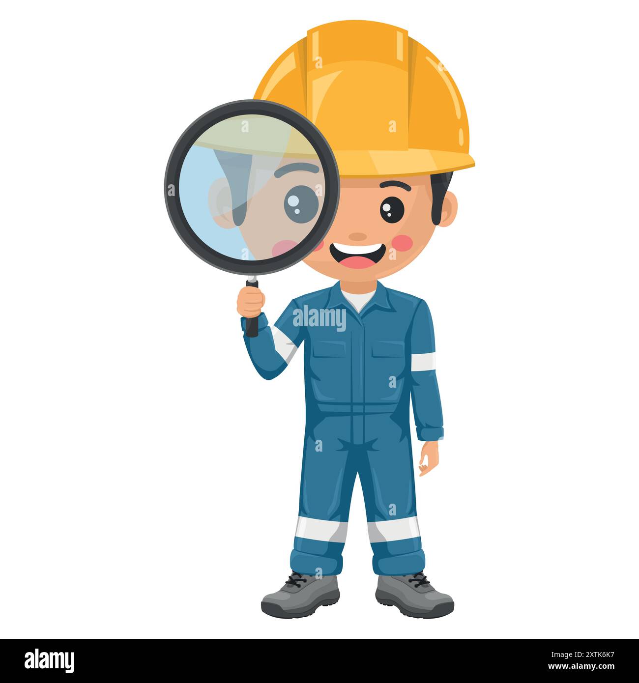 Industrial mechanical worker looking through a magnifying glass ...