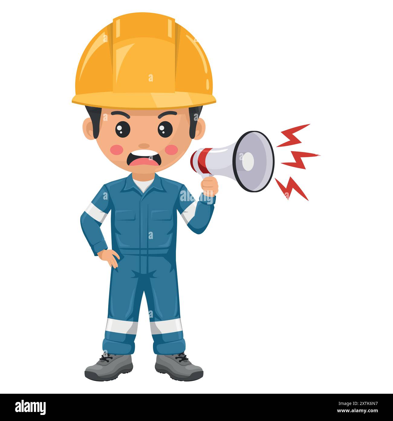Annoyed industrial mechanic worker making an announcement with a megaphone. Supervisor engineer ...
