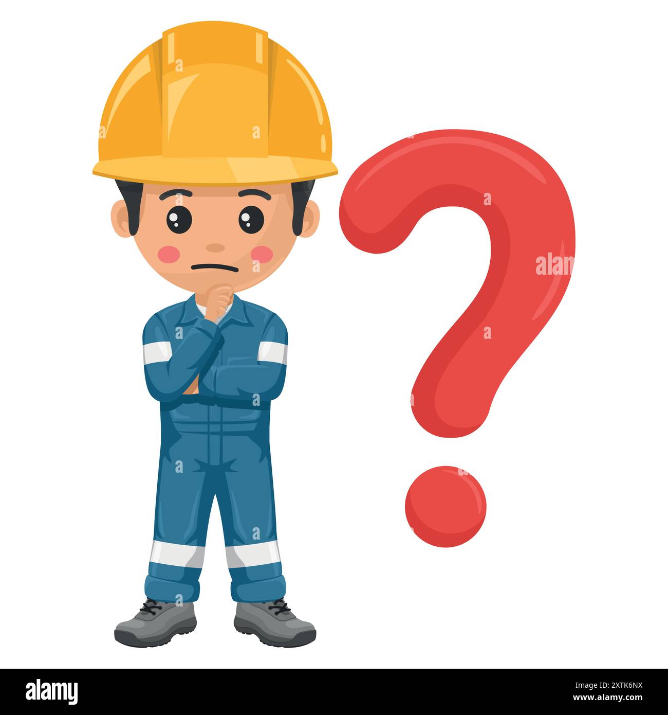 Industrial mechanic worker pensive and expressing doubt with giant ...