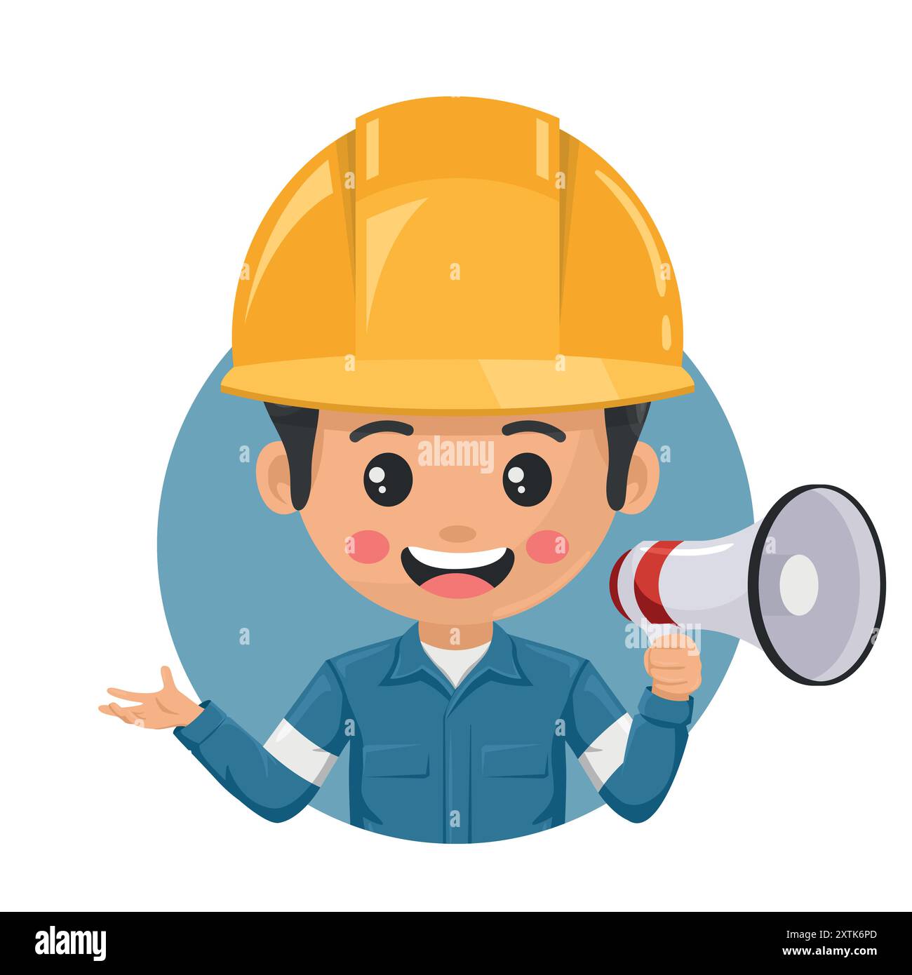 Industrial mechanic worker making an announcement with a megaphone. Supervisor engineer with his ...