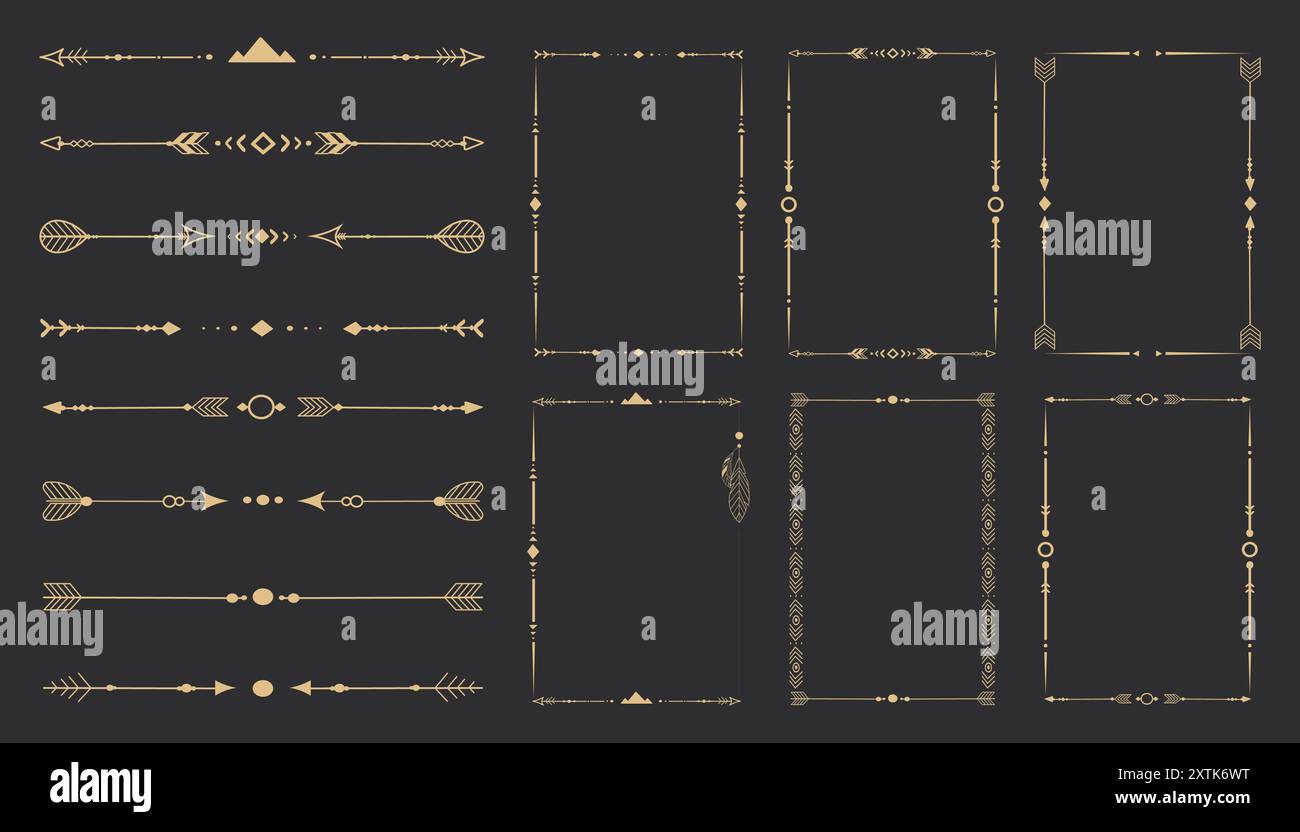 Gold frame set with tribal native indian arrow, ornament. Border thin ...