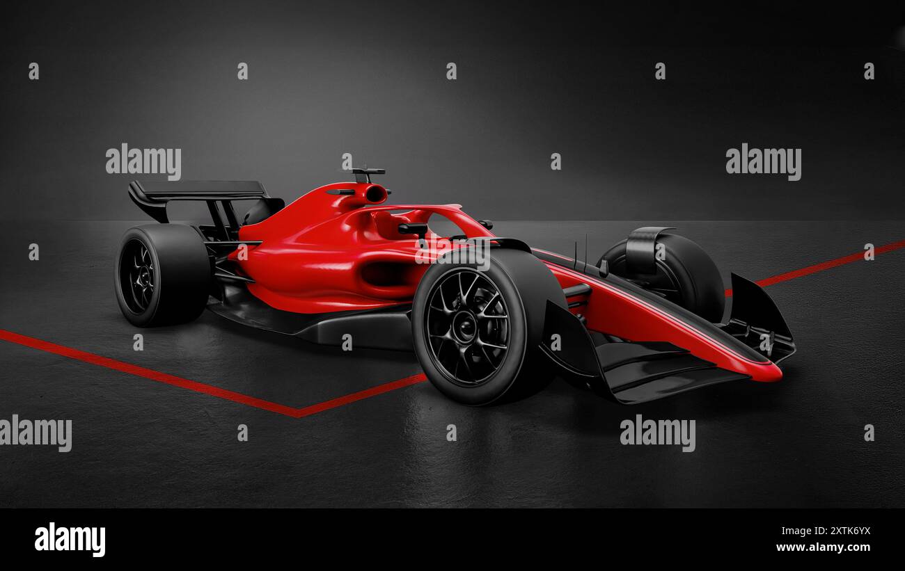 Race car and driver angled view isolated on Dark background. 3D ...