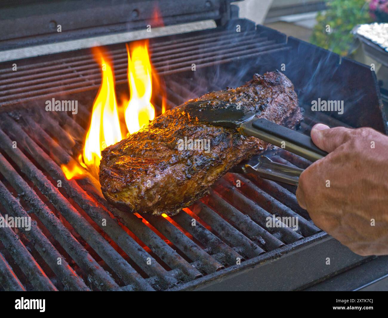 BBQ Summer Whole Sirloin of beef on flame barbecue alfresco dining ...