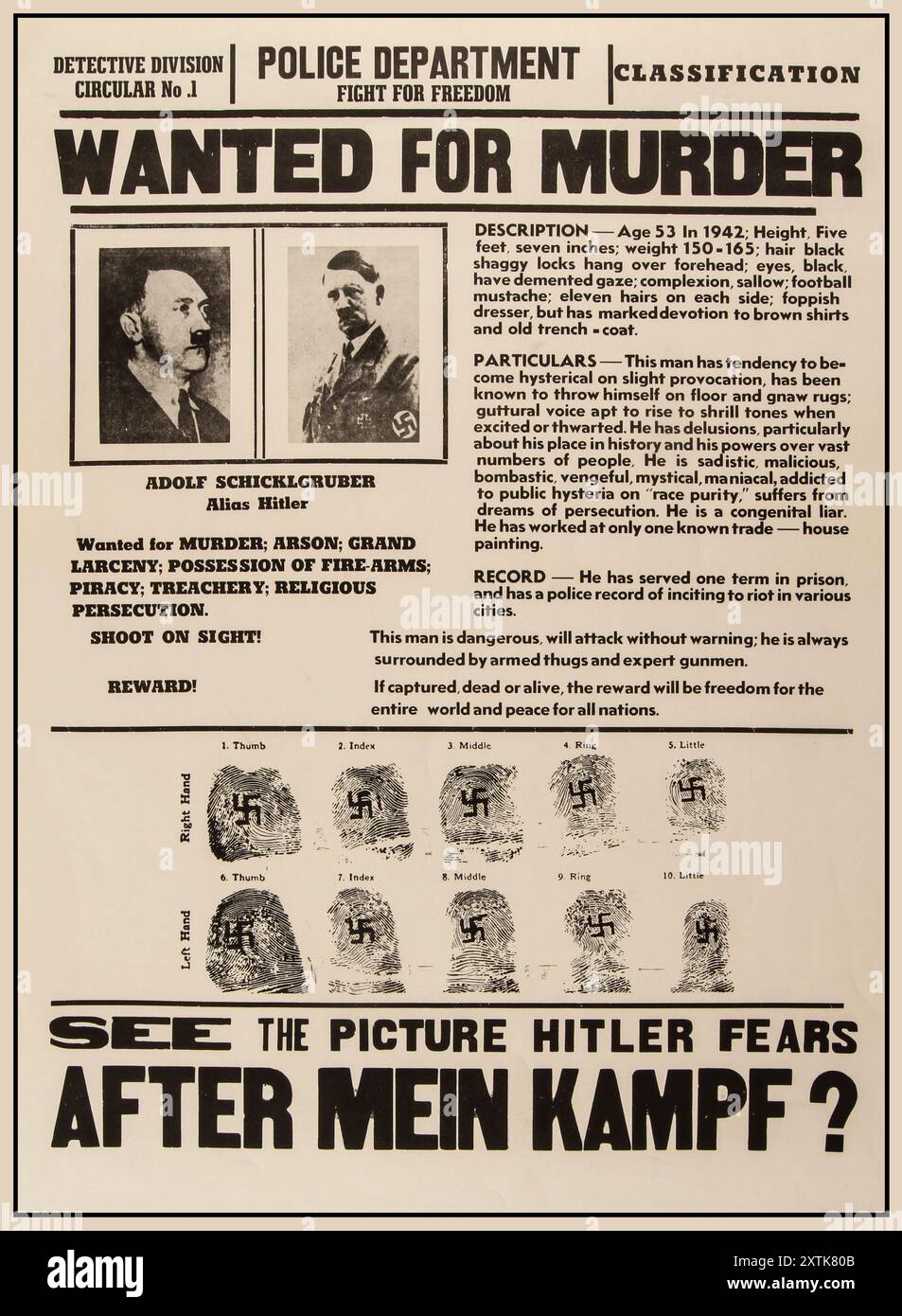 SATIRICAL ADOLF HITLER WANTED FOR MURDER POSTER Anti-Nazi propaganda ...