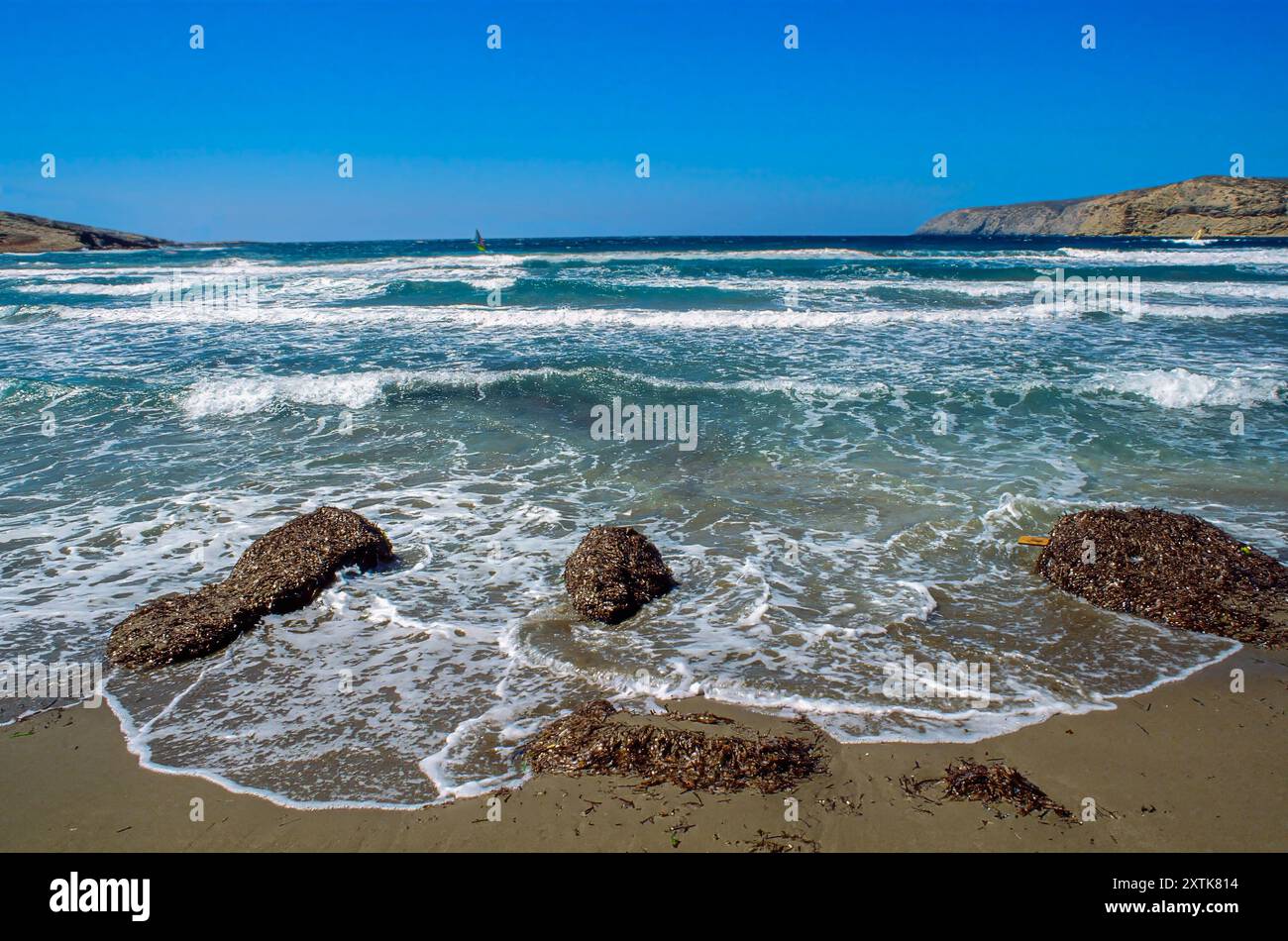 Scenic view from peninsula Prasonisi on Rhodes island to the aegean see ...