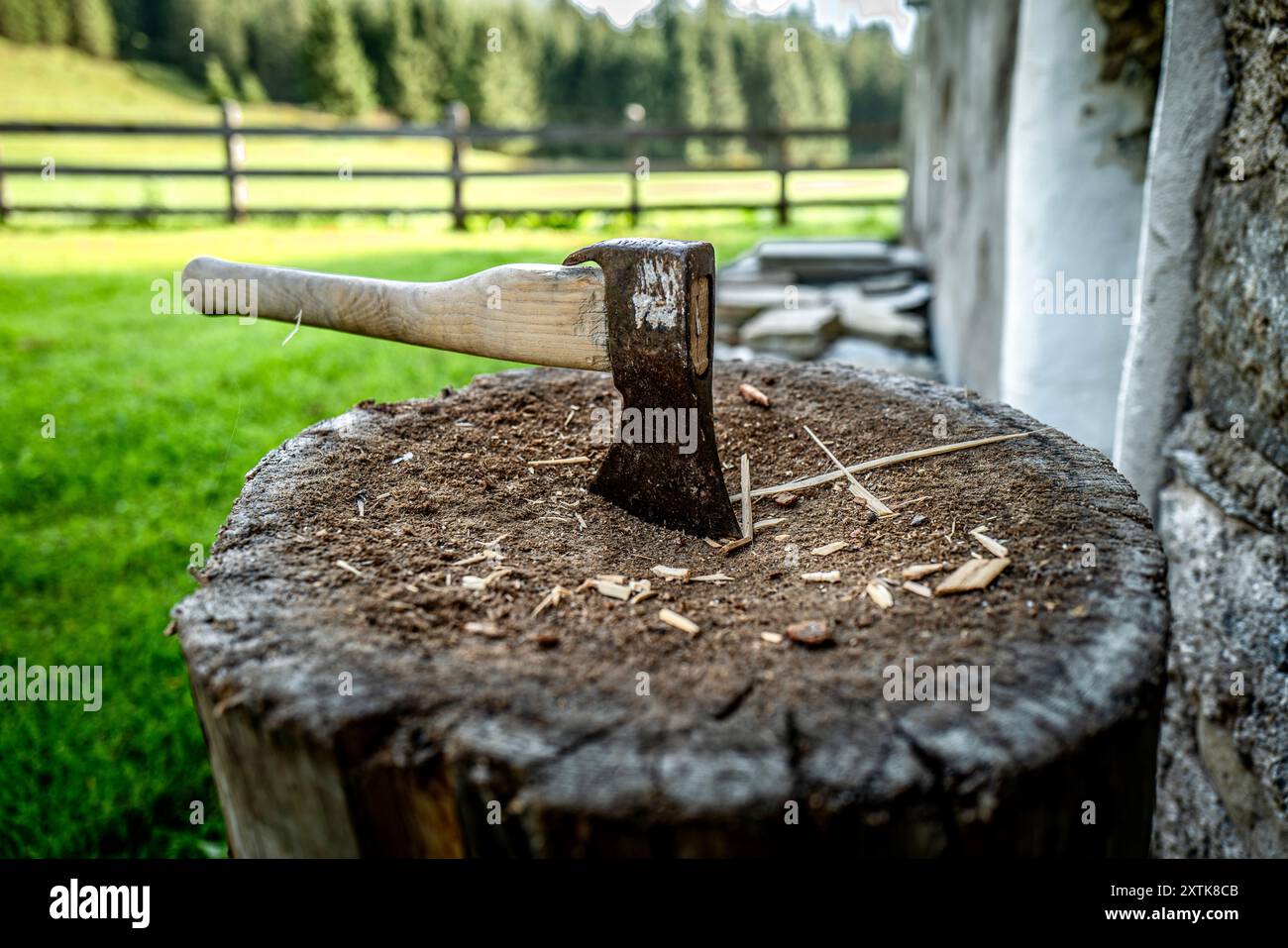 Old axe on a chopping block Stock Photo - Alamy