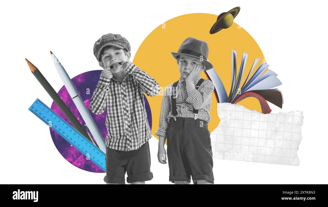 Poster. Contemporary art collage. Two little boys, pupils in retro ...