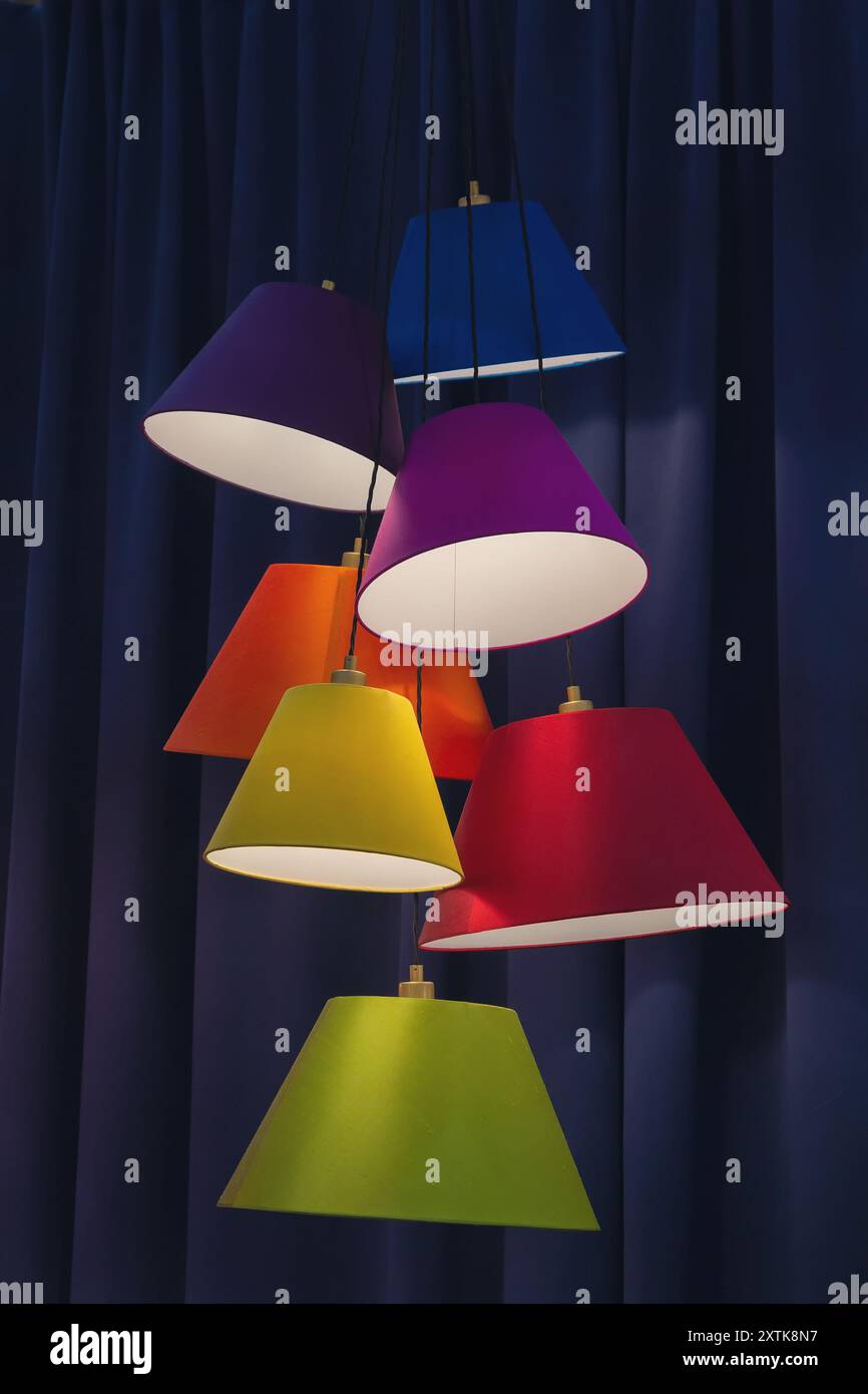 Decoration of multi-colored luminous ceiling lamps. Interior Stock ...