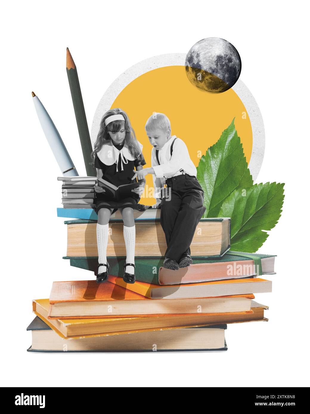 Poster. Contemporary art collage. Friends sitting on stack of huge ...