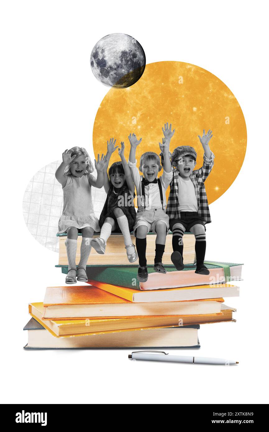 Poster. Contemporary art collage. Group of happy kids sitting on stack ...