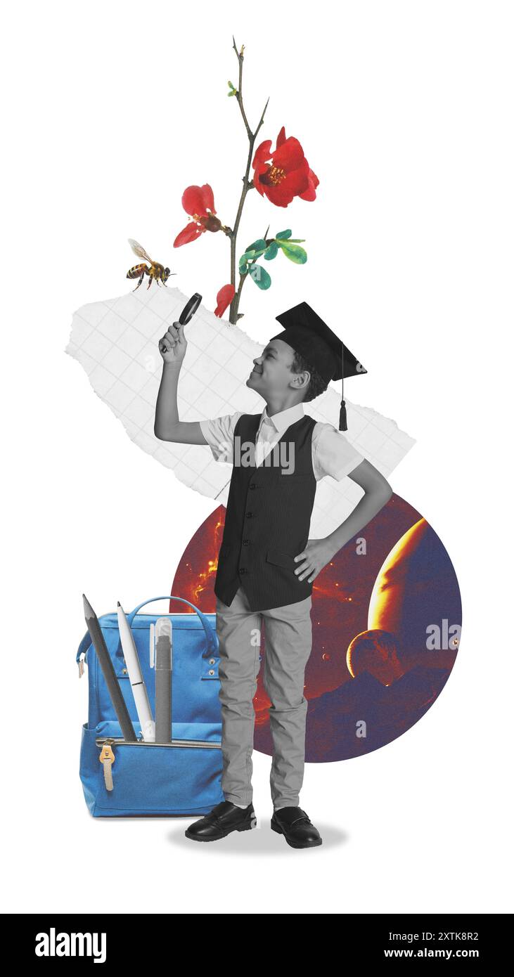 Poster. Contemporary art collage. Junior explorer, schoolboy with ...